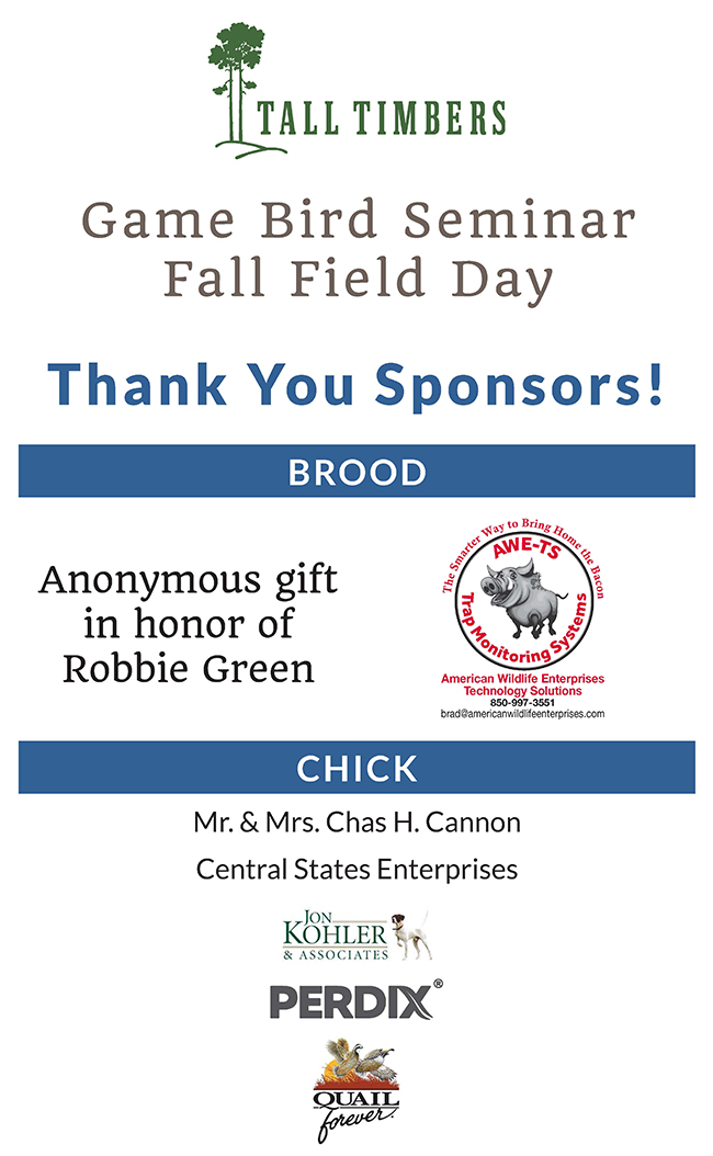 Game Bird Seminar/Fall Field Day Sponsors - Tall Timbers